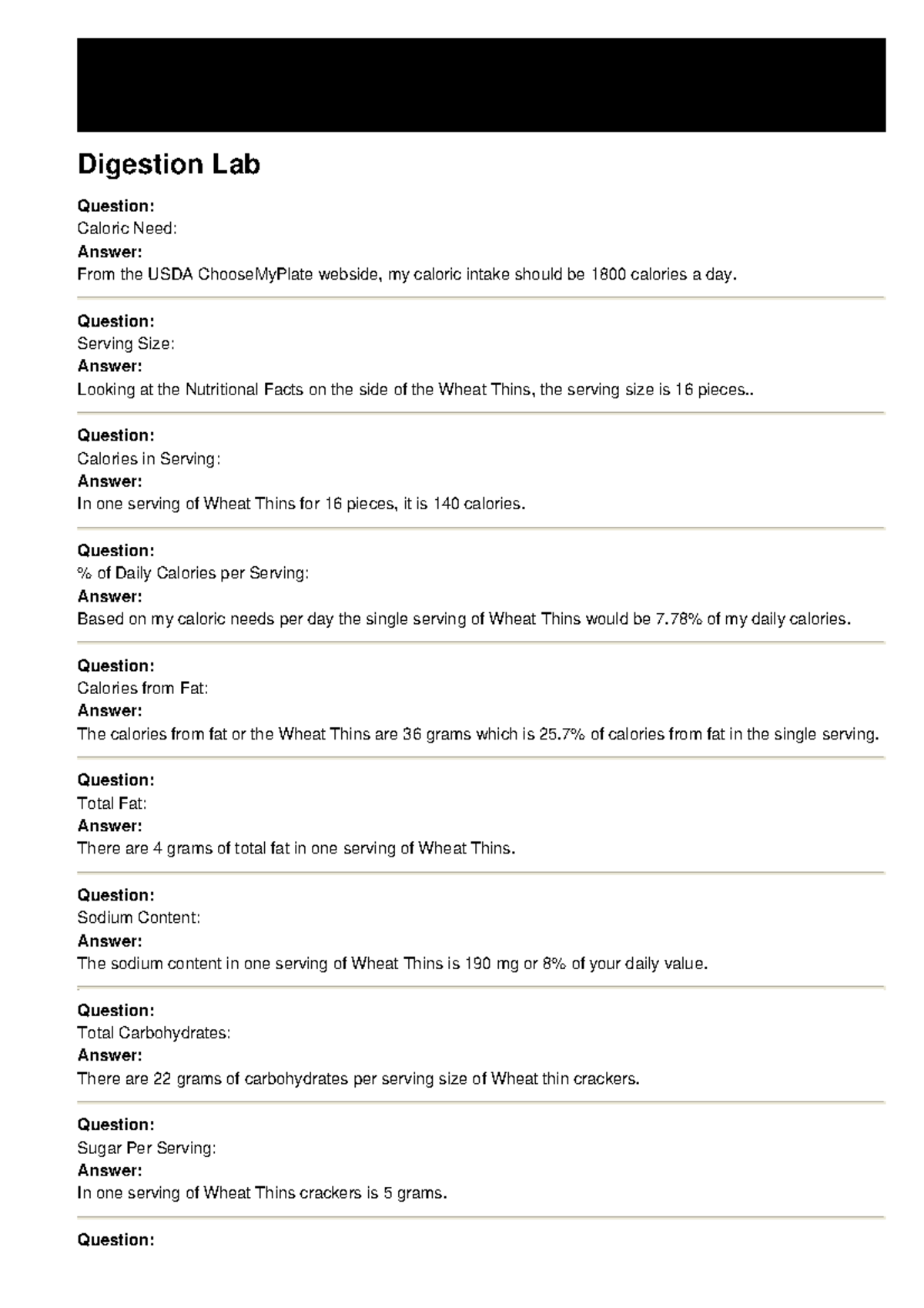 Digestion Lab - Digestion Lab Question: Caloric Need: Answer: From the ...