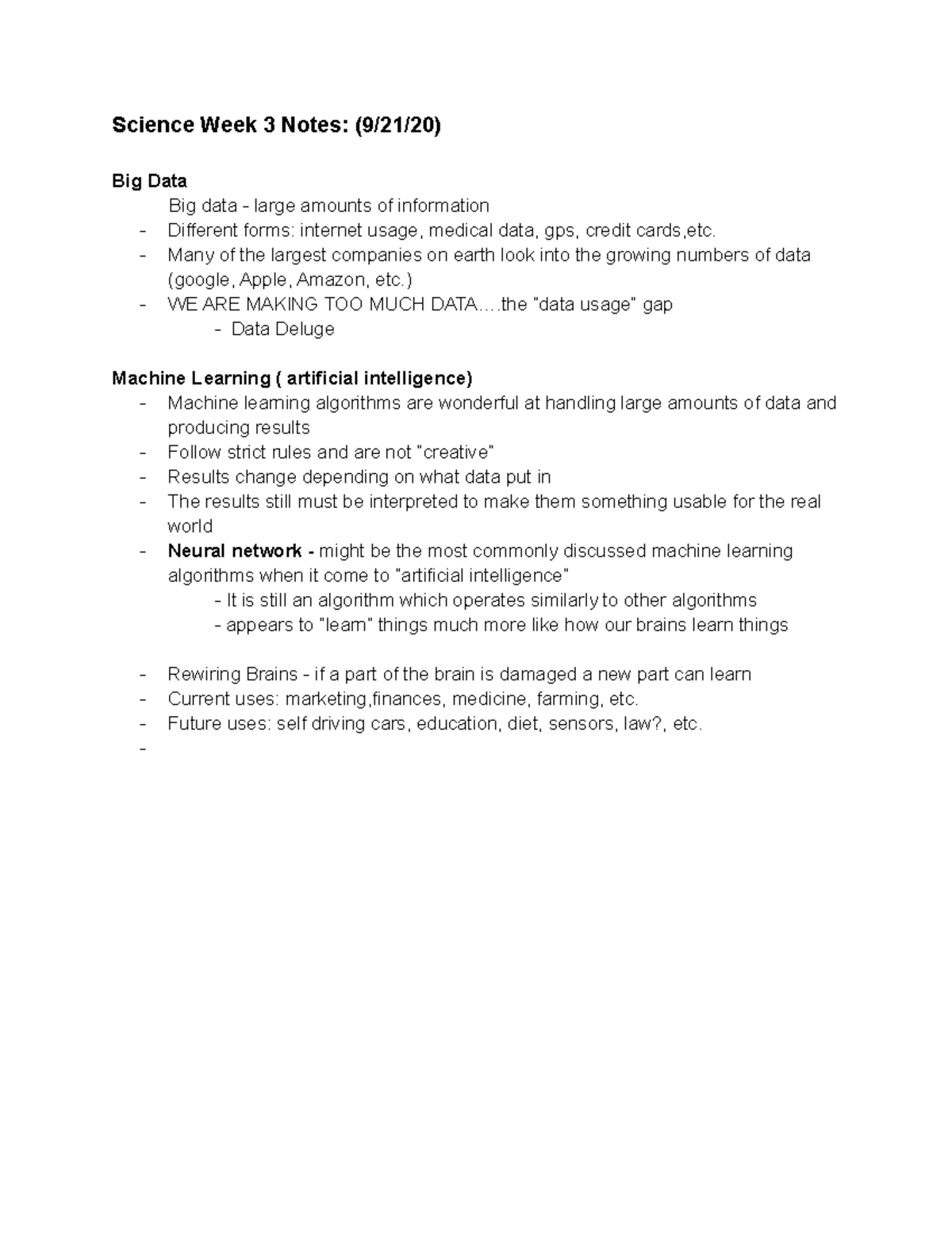 Science Week 3 Notes (9 21 20) - Science Week 3 Notes: (9/21/20) Big ...