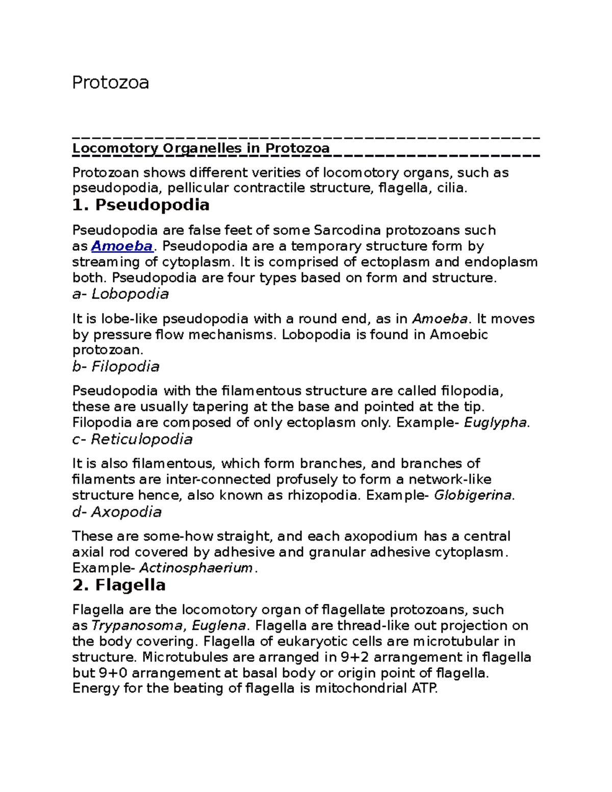 Protozoa - notes - Protozoa Locomotory Organelles in Protozoa Protozoan ...