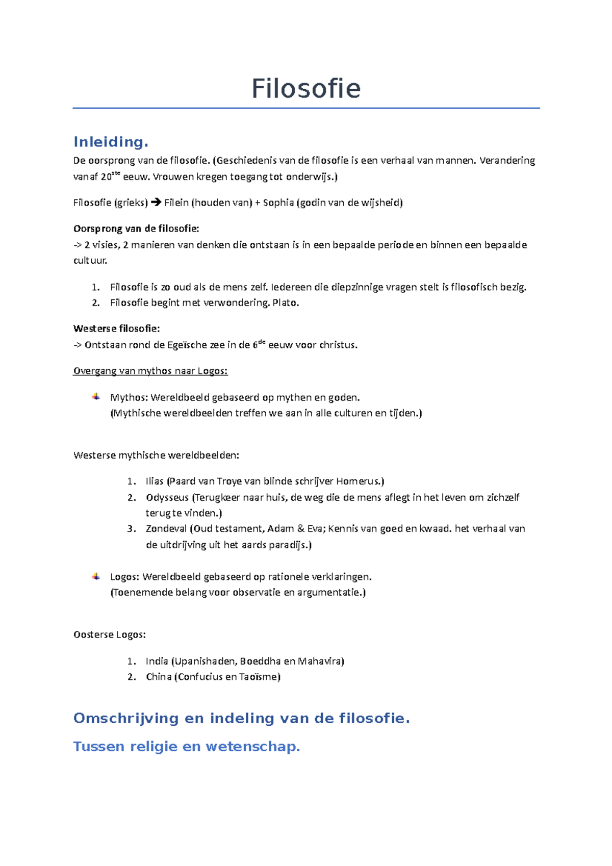 Filosofie sammenvatting - Filosofie Inleiding. De oorsprong van de filosofie. (Geschiedenis van ...