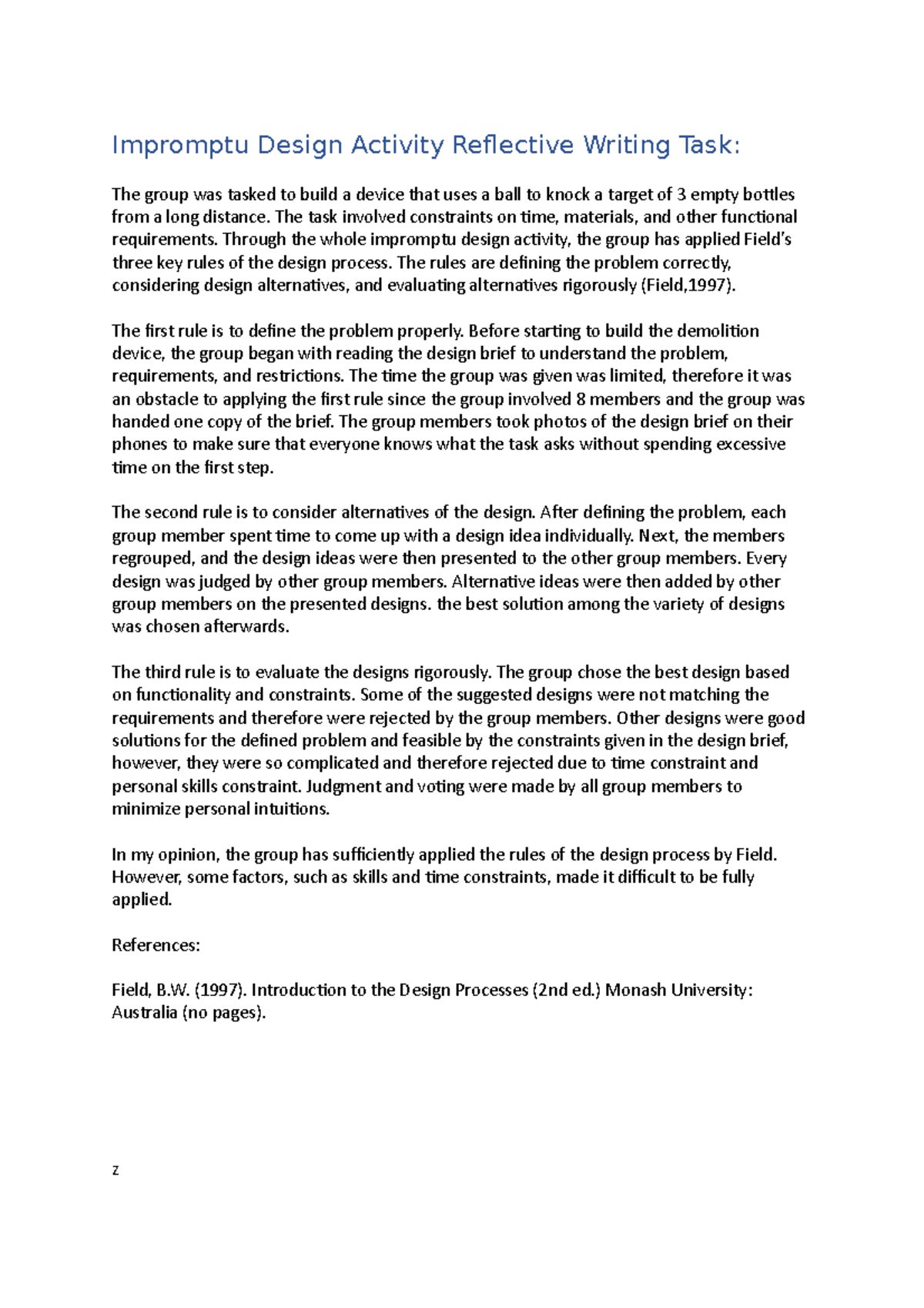 Impromptu Design Activity Reflective Writing Task - The task involved ...