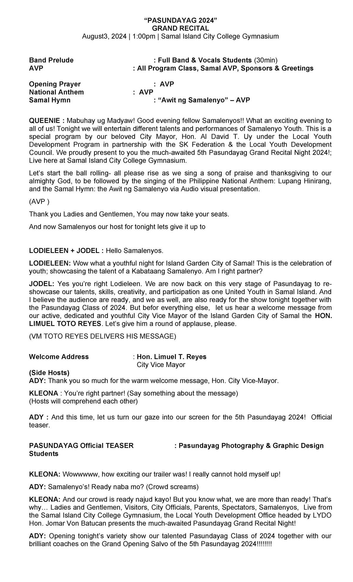Script for hosting - “PASUNDAYAG 2024” GRAND RECITAL August3, 2024 | 1:00pm | Samal Island City ...