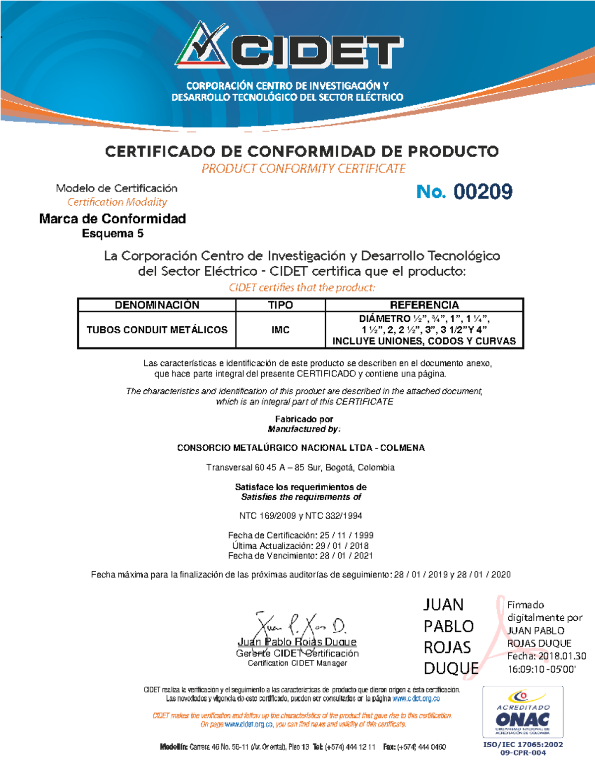 Certificado DE Tuberia IMC Accesorios - Juan Pablo Rojas Duque Gerente CIDET Certificación - Studocu