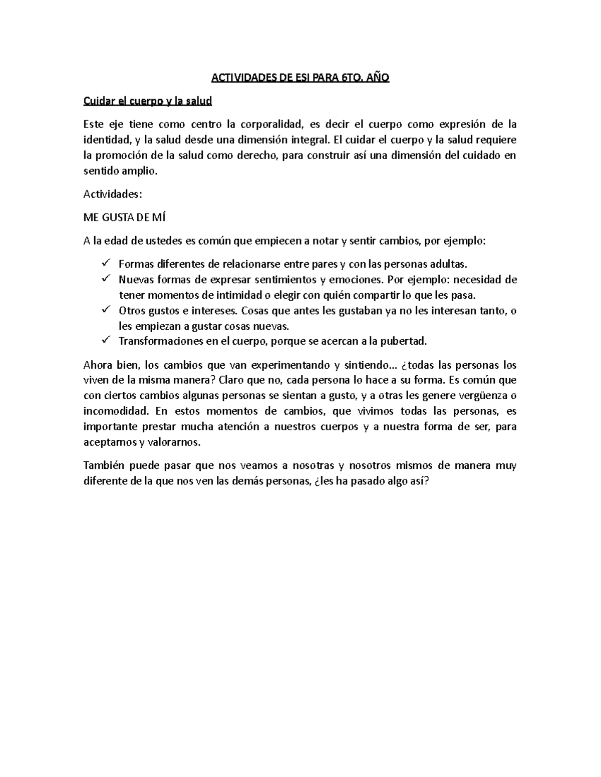 Trabajo de ESI - ACTIVIDADES DE ESI PARA 6TO. AÑO Cuidar el cuerpo y la ...