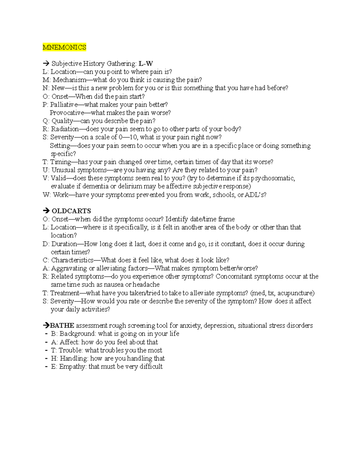 Mnemonics - helpful study tips - MNEMONICS Subjective History Gathering ...