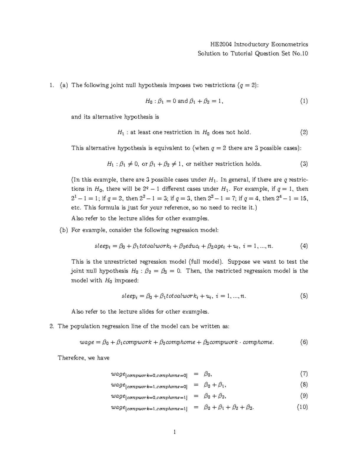HE2004 2020 Solution Question 10 - HE2004 Introductory Econometrics Solution to Tutorial ...