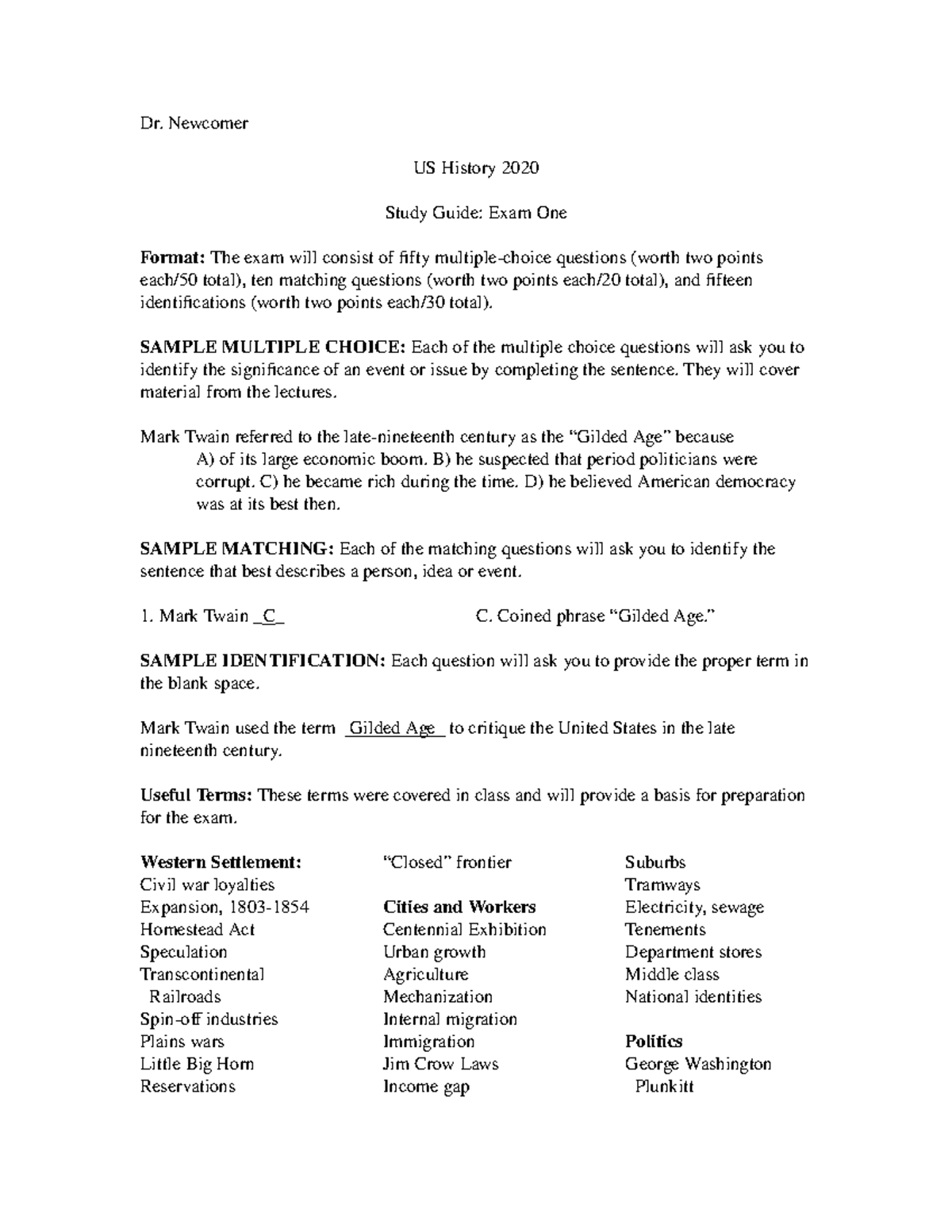 2020-Study 1 - Lecture notes study guide 1 - Dr. Newcomer US History ...