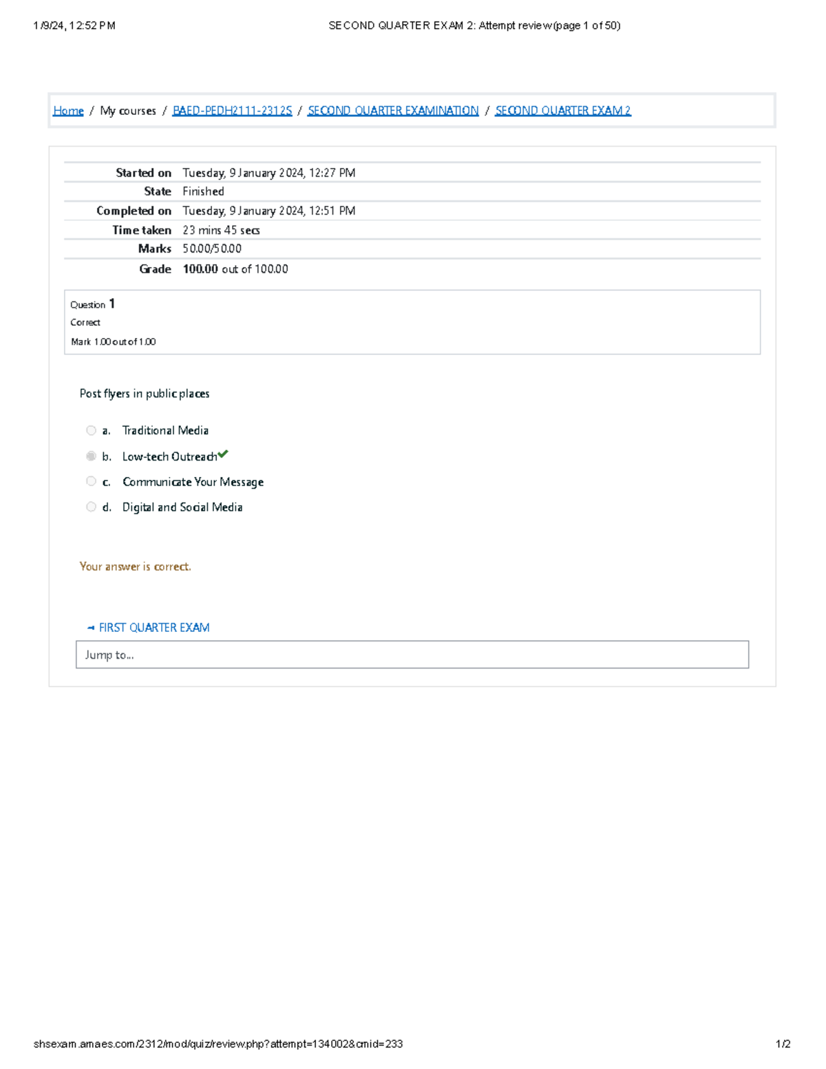 Second Quarter EXAM 2 Attempt review (page 1 of 50) shs aclc grade 11 - 1/9/24, 12:52 PM SECOND ...