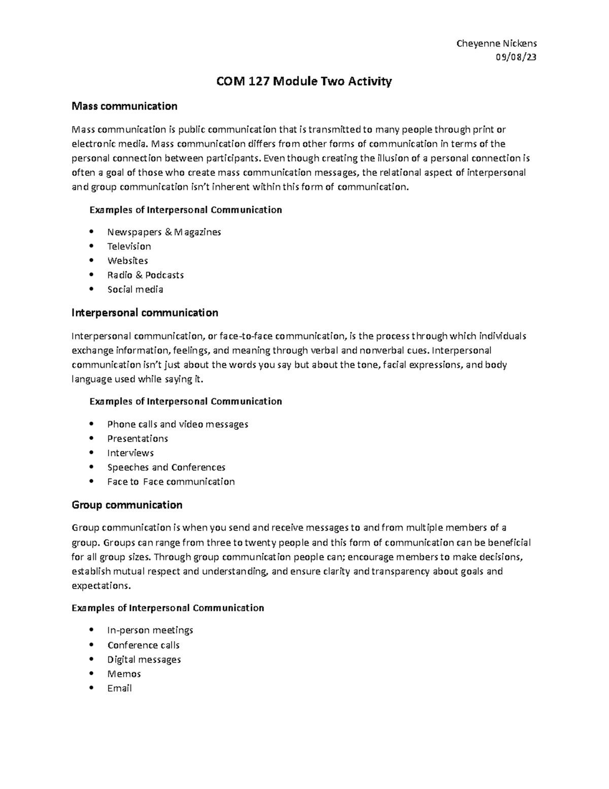 M2 Activity - Cheyenne Nickens 09/08/ COM 127 Module Two Activity Mass ...