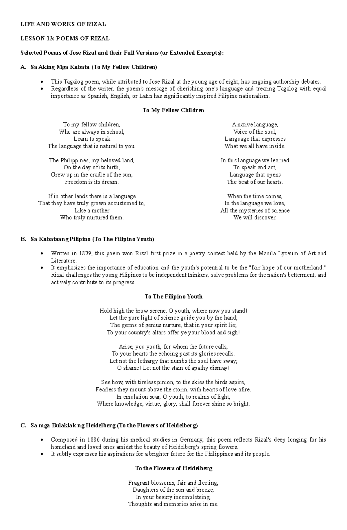 Lesson 13 - Poems of Rizal - LIFE AND WORKS OF RIZAL LESSON 13: POEMS ...