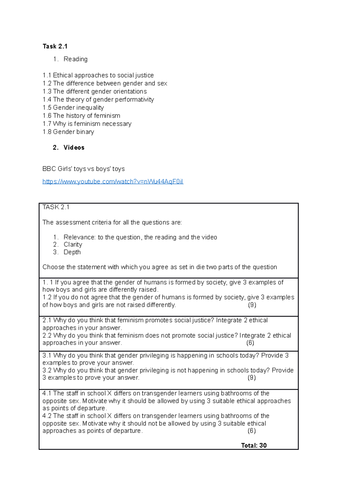 TASK 2.1 Questions and assessment criteria - Task 2. 1. Reading 1 ...