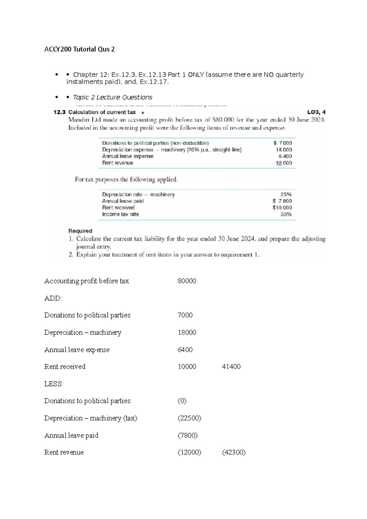 ACCY200 Tutorial Qus 2 - tute 2 - ACCY200 Tutorial Qus 2 Chapter 12: Ex ...