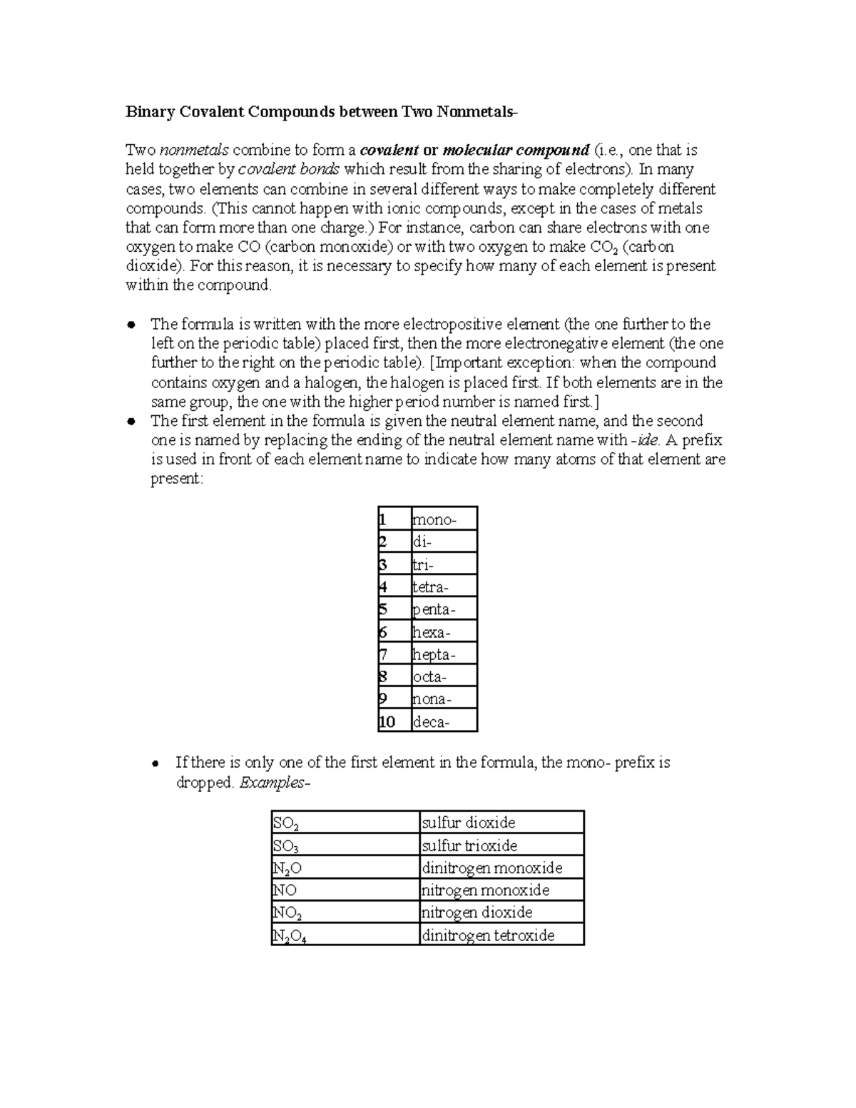 Covalent compound naming notes - Binary Covalent Compounds between Two ...