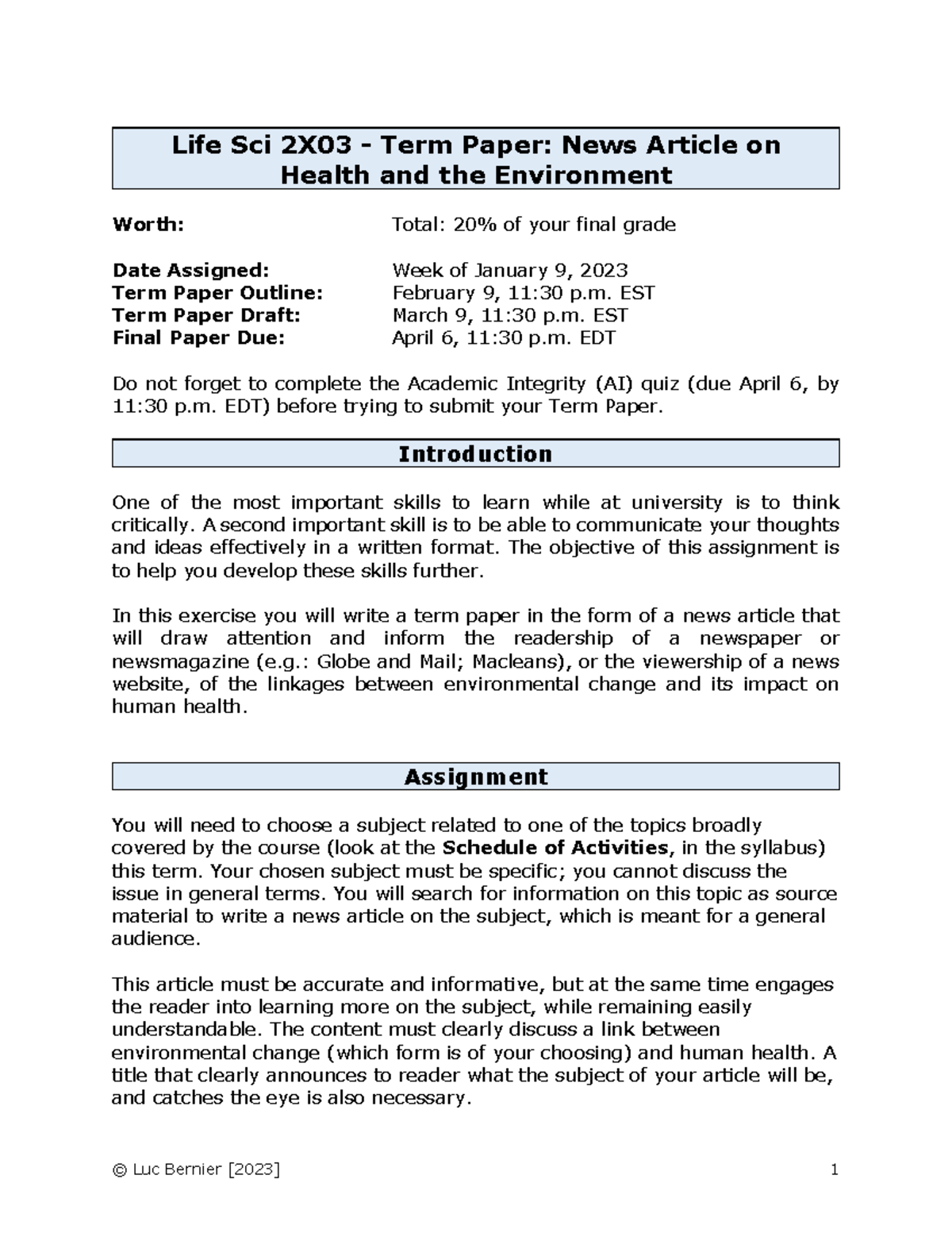 LS 2X03 - Winter 2023 - Term Paper v1 - Life Sci 2X03 - Term Paper: News Article on Health and ...