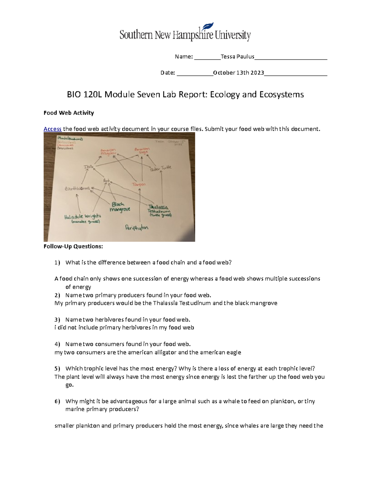 BIO 120L M7 Food Web Activity Lab Report - Name: Tessa Paulus ...