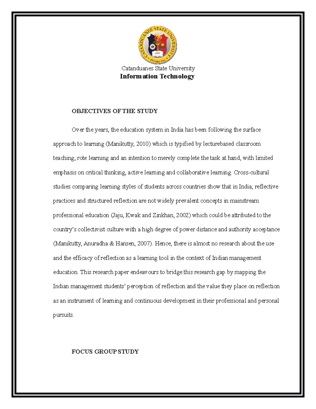 Objectives OF THE Study - Information Technology OBJECTIVES OF THE ...