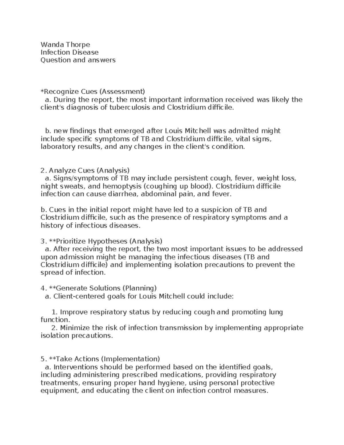Infection and disease question completed - Wanda Thorpe Infection ...