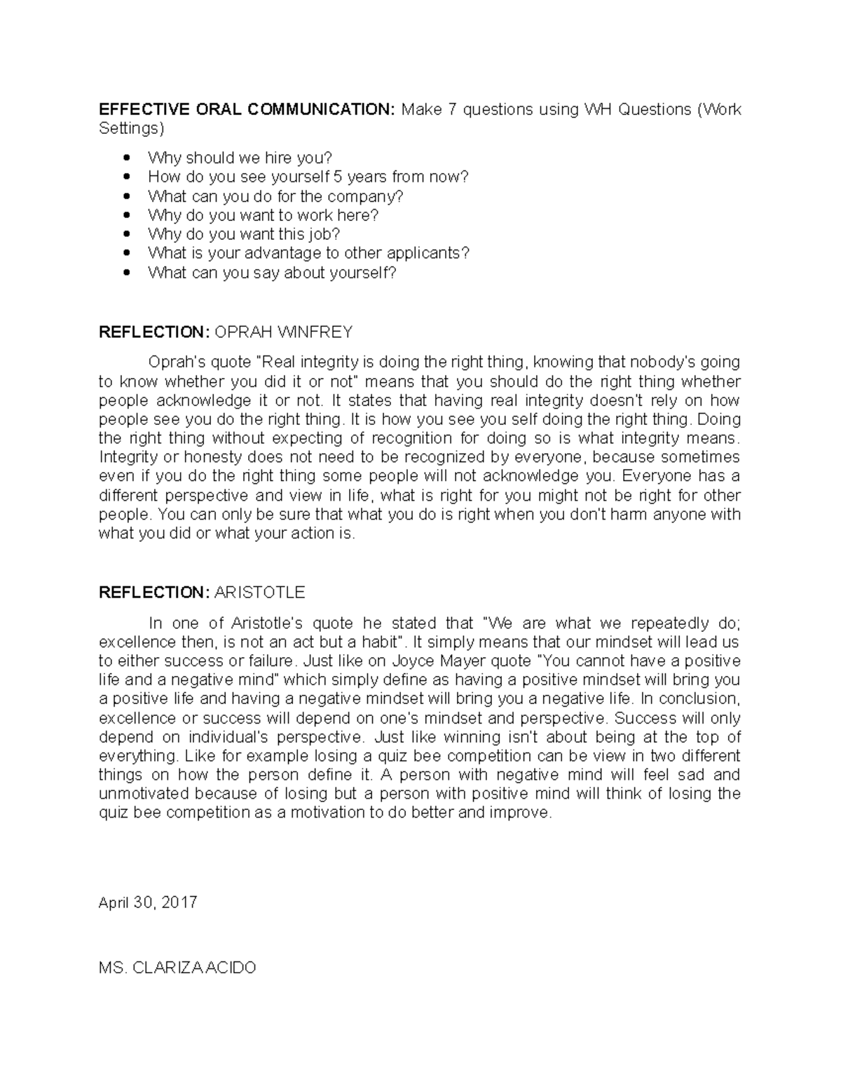 Seatwork on accounting - EFFECTIVE ORAL COMMUNICATION: Make 7 questions ...
