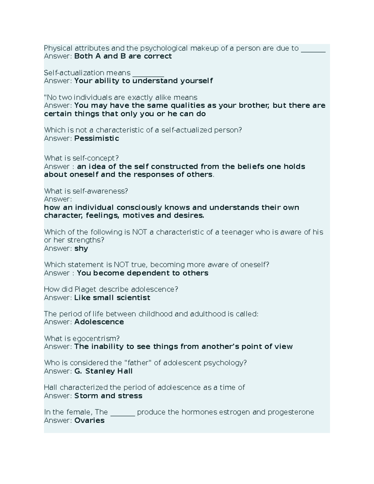 PDEV Answers - answer - Physical attributes and the psychological ...