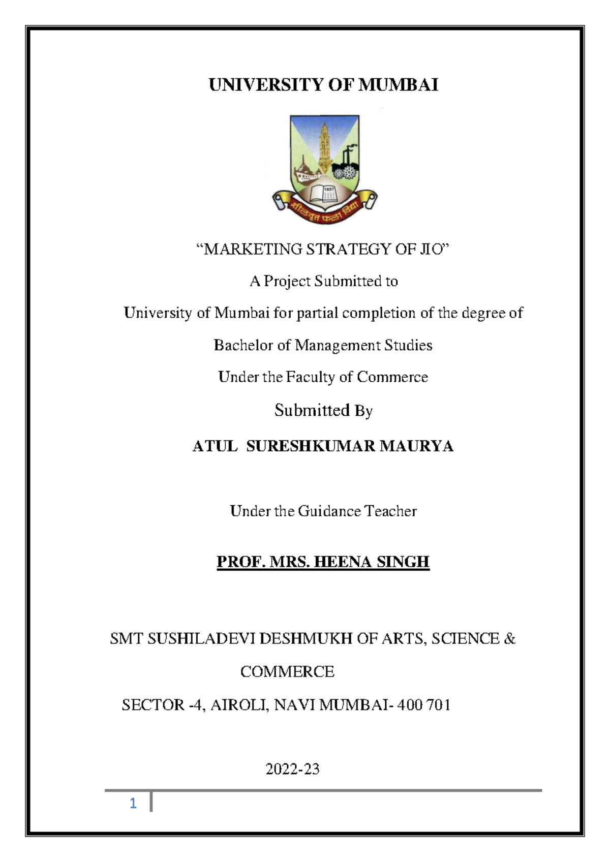 Sample File 1 - UNIVERSITY OF MUMBAI “MARKETING STRATEGY OF JIO” A ...