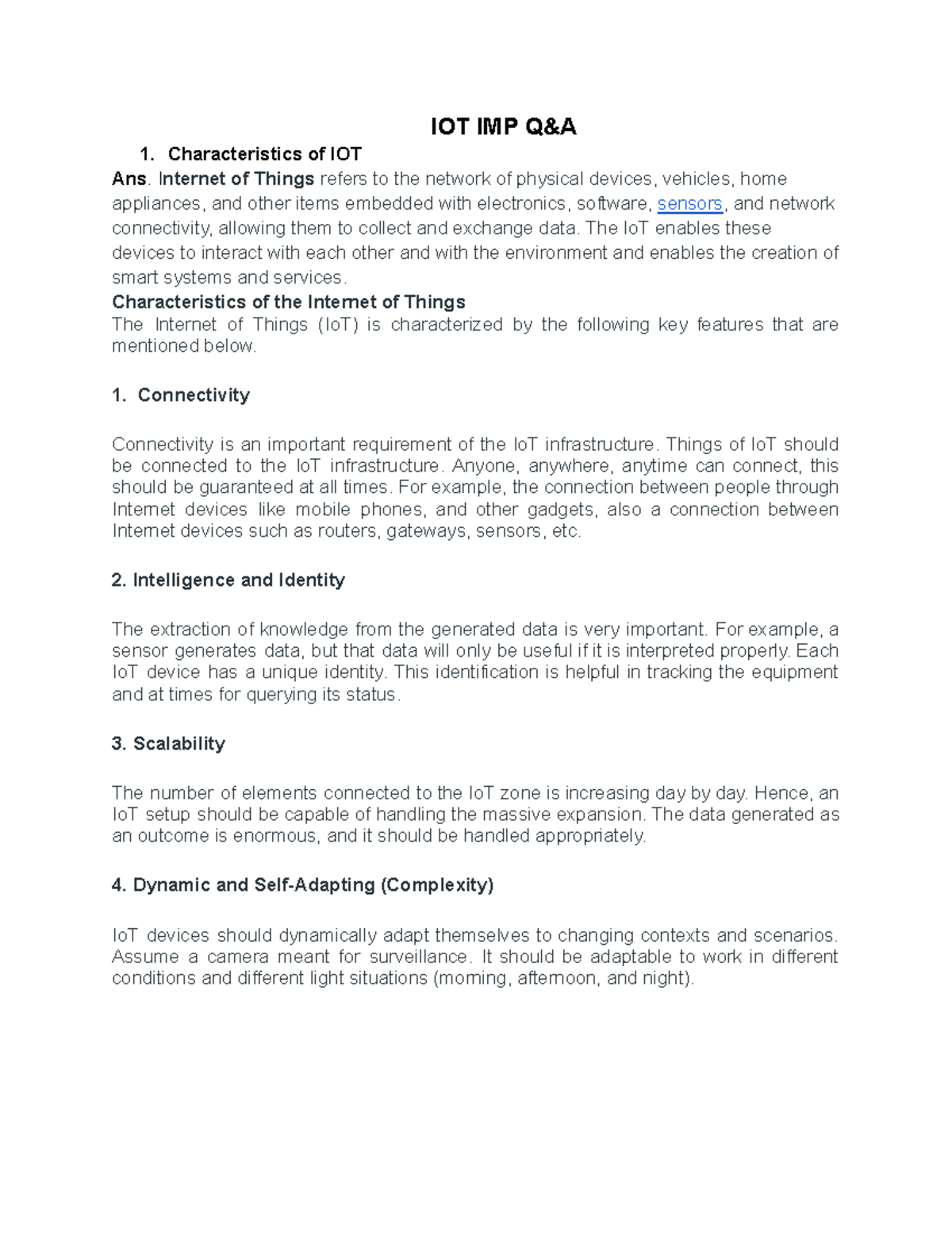 IOT IMP Q&A - IOT IMP Q&A Characteristics of IOT Ans. Internet of ...