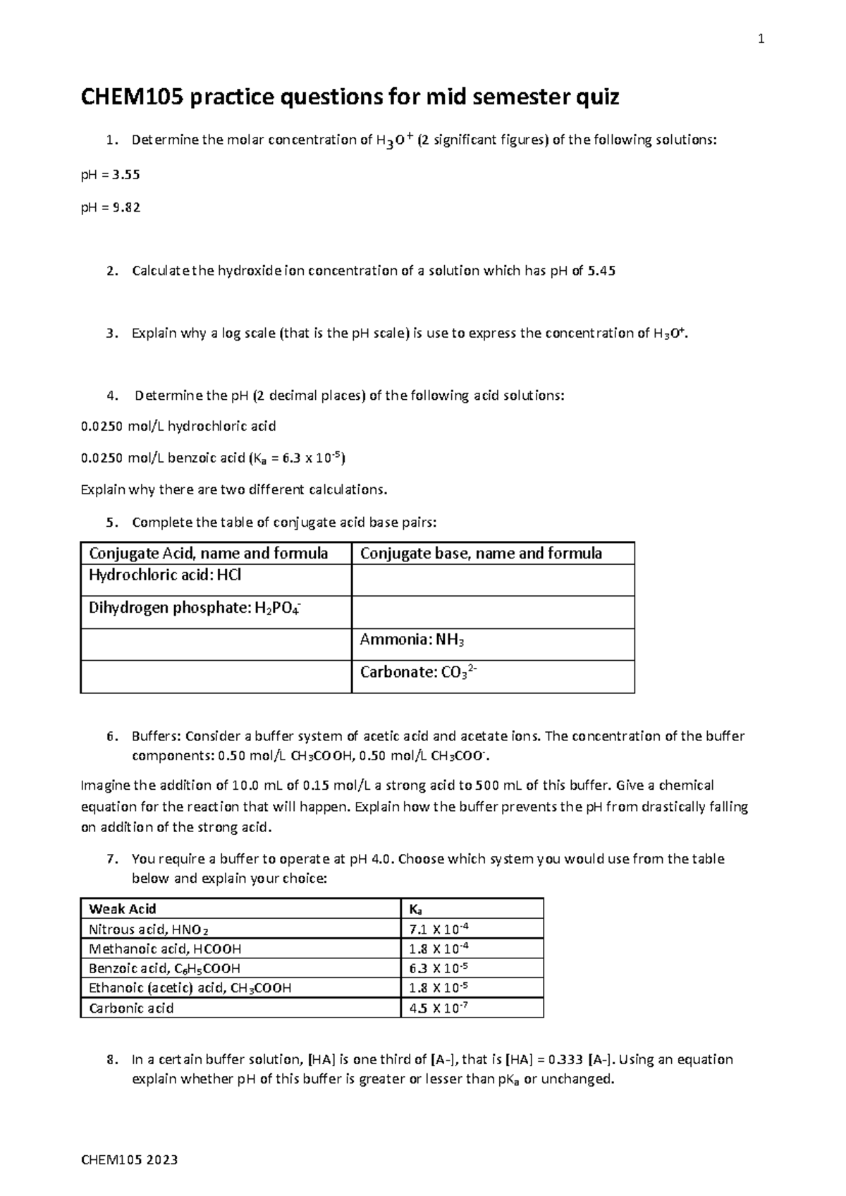 CHEM105 practice questions for midsem - Determine the molar ...