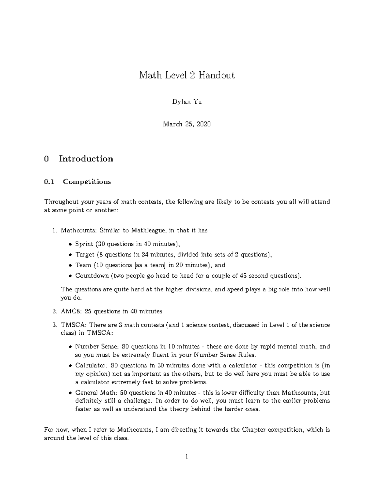 Competitive Math Handout - Math Level 2 Handout Dylan Yu March 25, 2020 ...