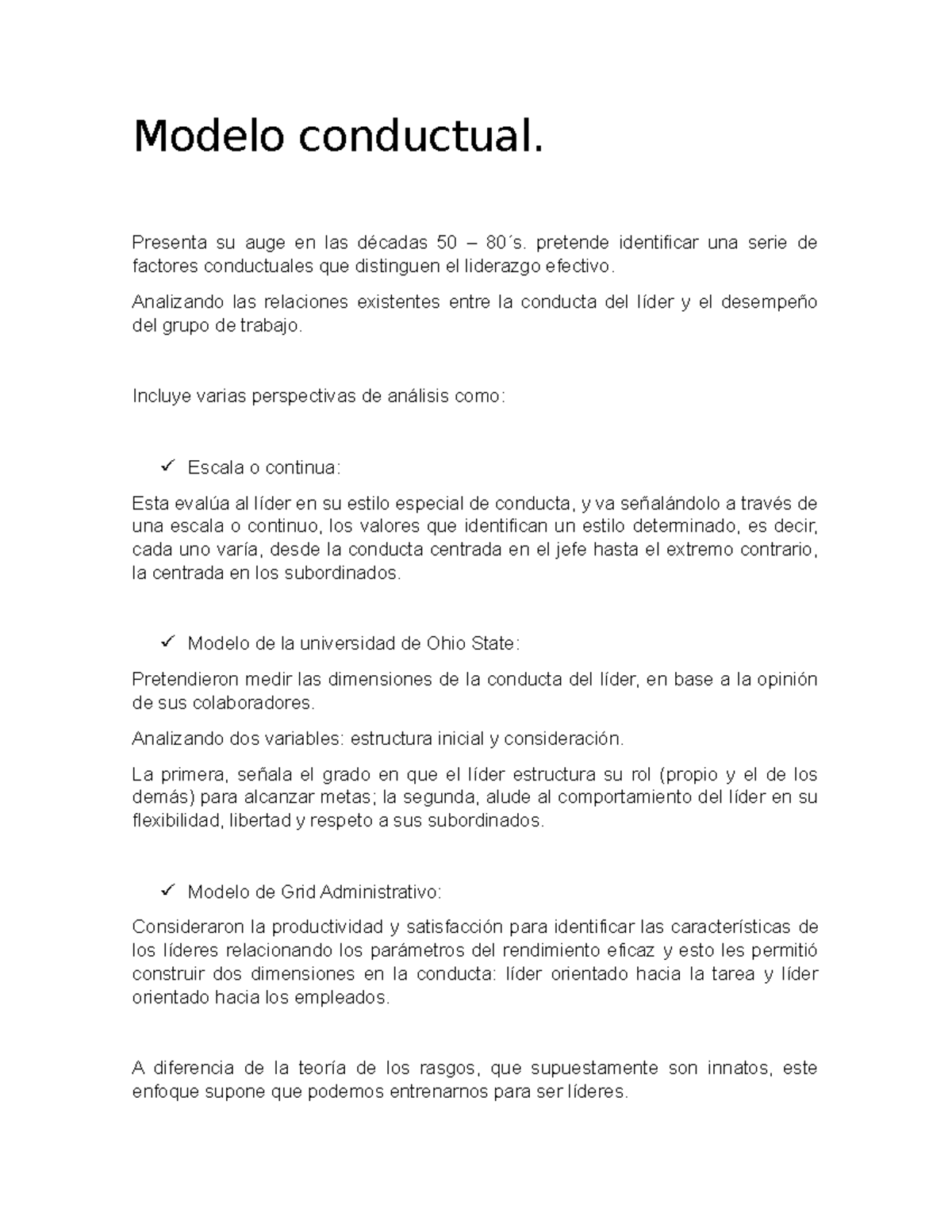 Modelo conductual - Apuntes 1 - Modelo conductual. Presenta su auge en ...