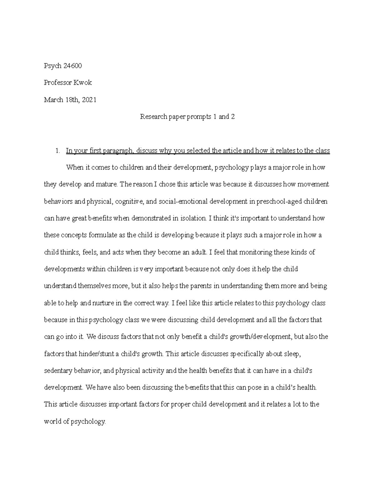 Research paper prompts 1-2 - Psych 24600 Professor Kwok March 18th ...