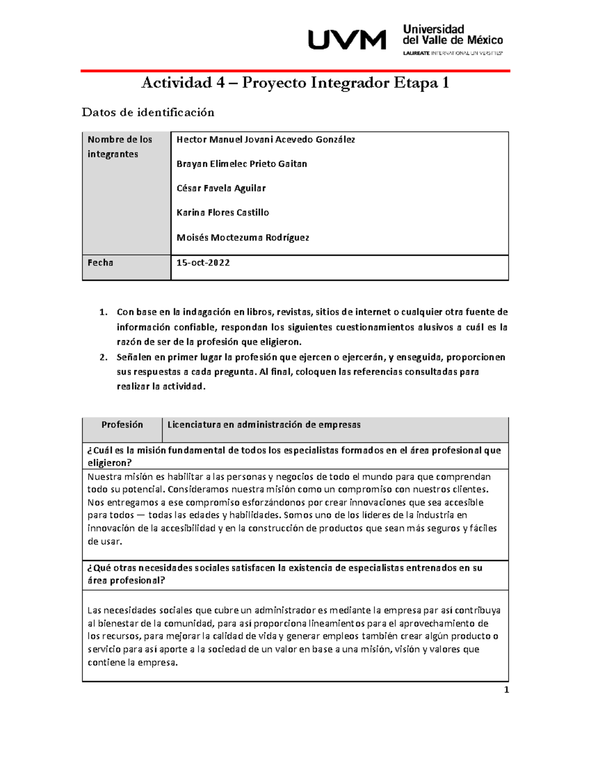 Proyecto integrador etapa 1 - 1 Actividad 4 – Proyecto Integrador Etapa 1 Datos de ...