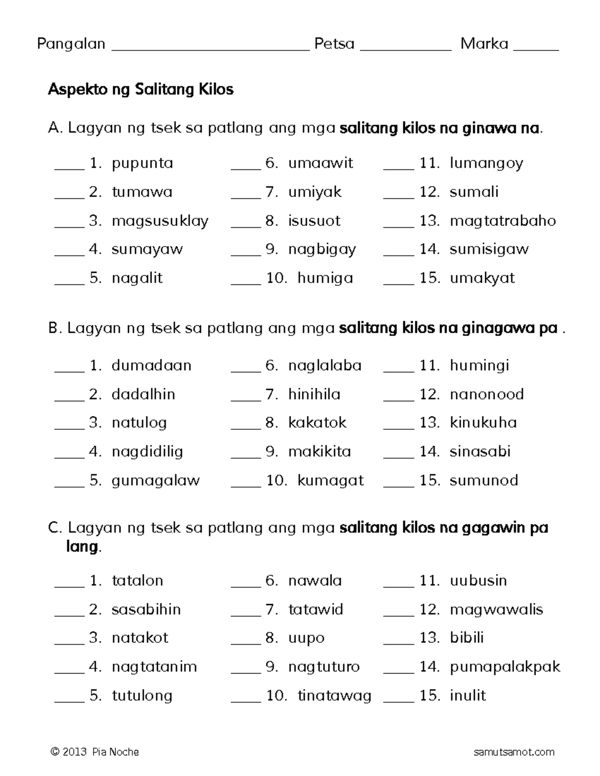 Mga Salotang Kilos Grade 1 Worksheet 1 Pangalan