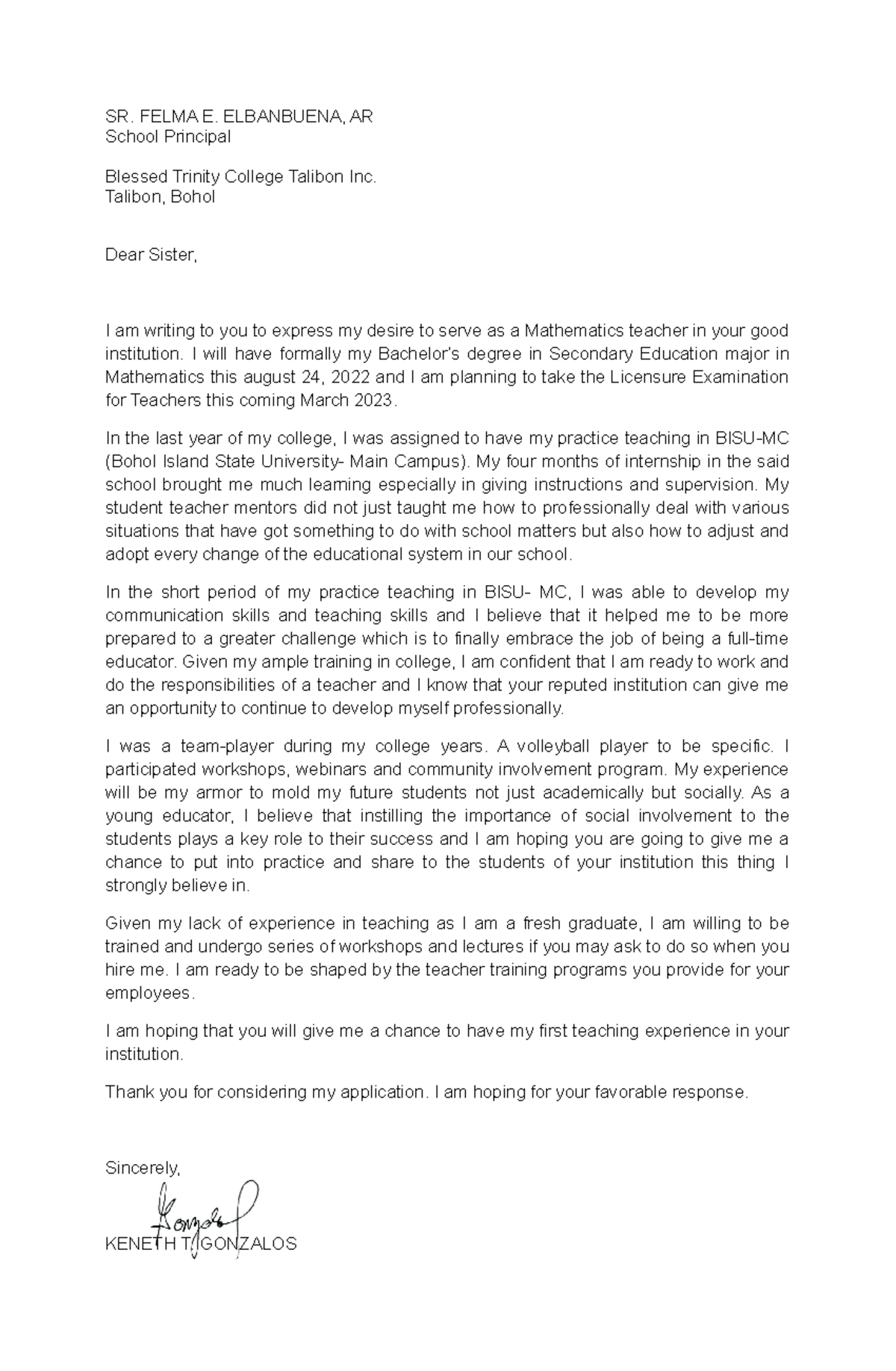 Application Letter - SR. FELMA E. ELBANBUENA, AR School Principal ...