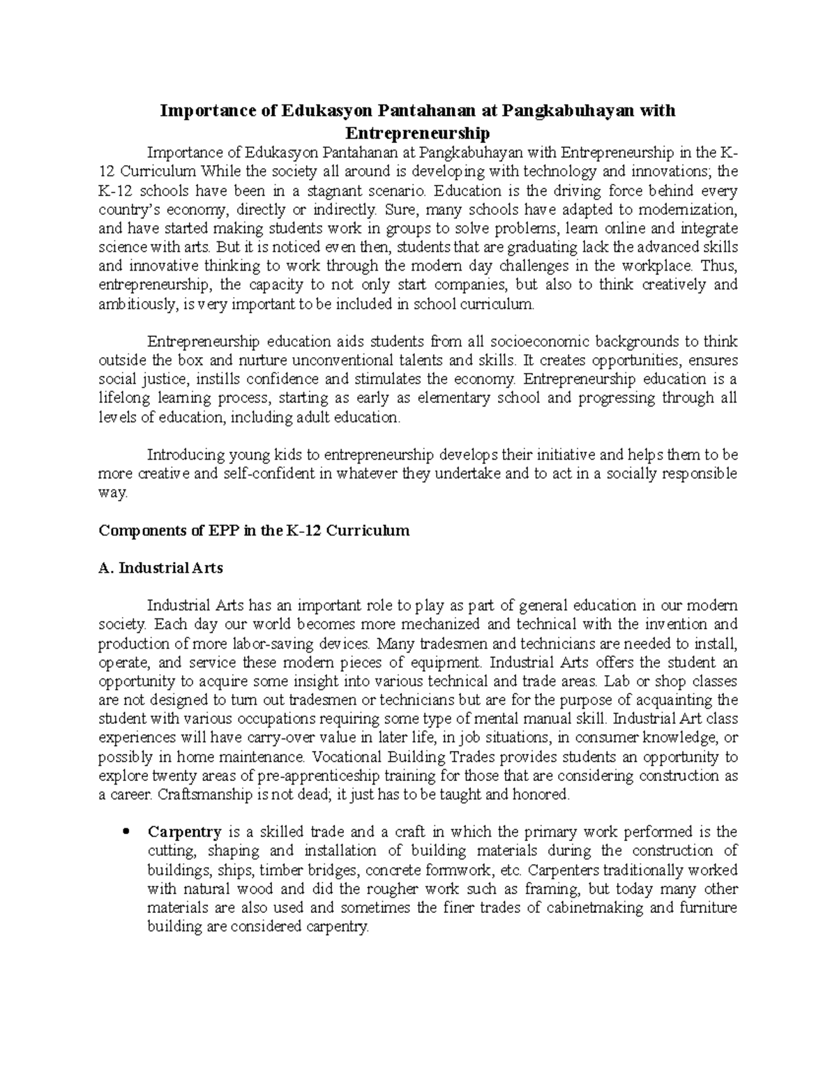 EPP Lesson 1 - Components of EPP in the K-12 Curriculum - Importance of Edukasyon Pantahanan at ...