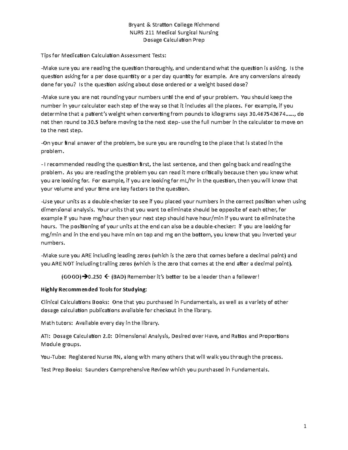 NURS 211 Med Calc Info and Practice - NURS 211 Medical Surgical Nursing ...