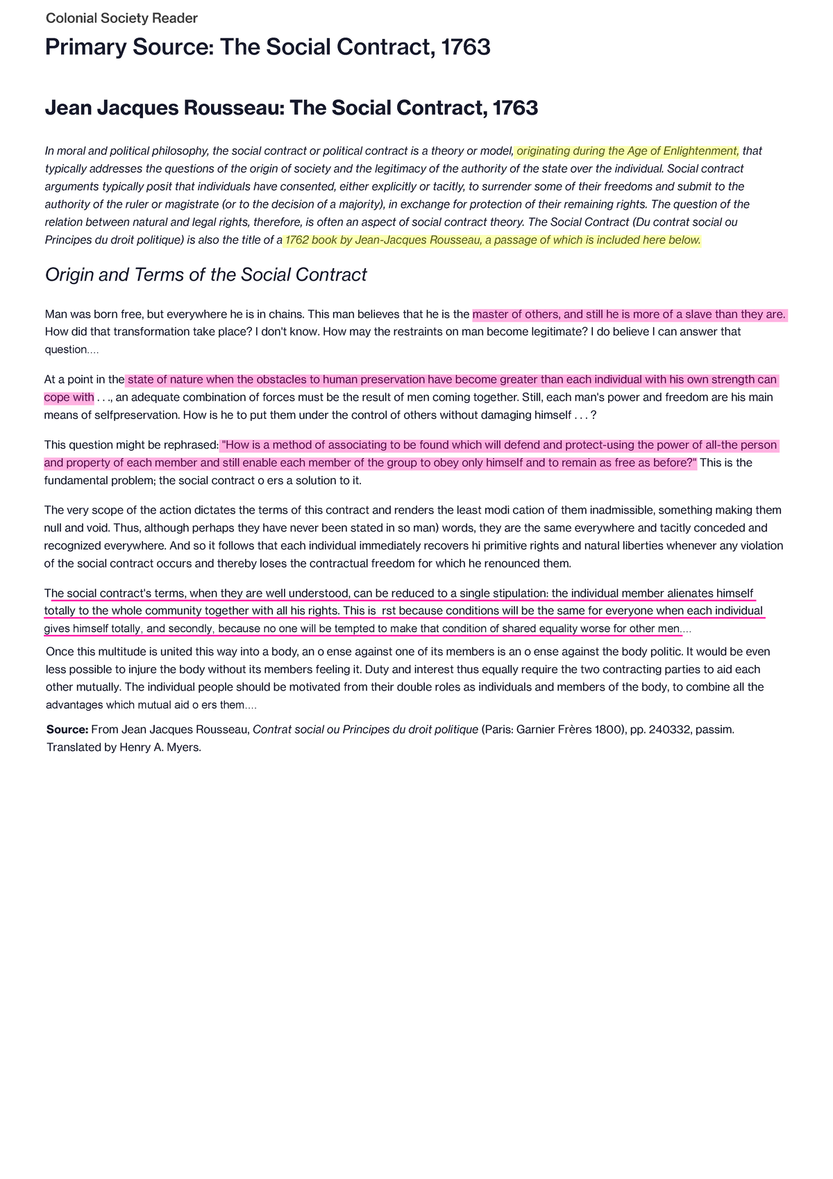 Primary Source The Social Contract, 1763 - Colonial Society Reader ...