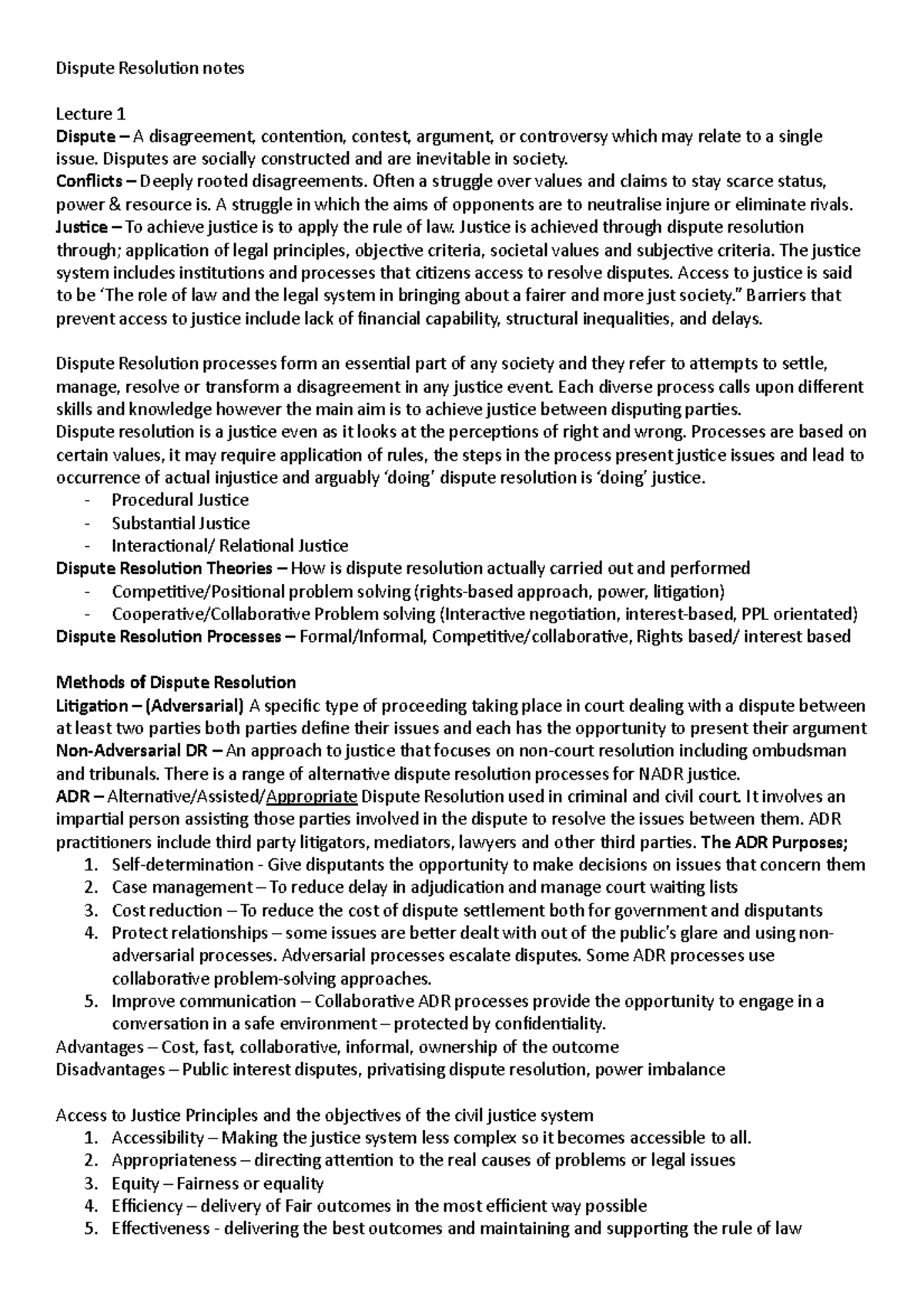 Dispute Resolution - Notes - Dispute Resolution notes Lecture 1 Dispute ...