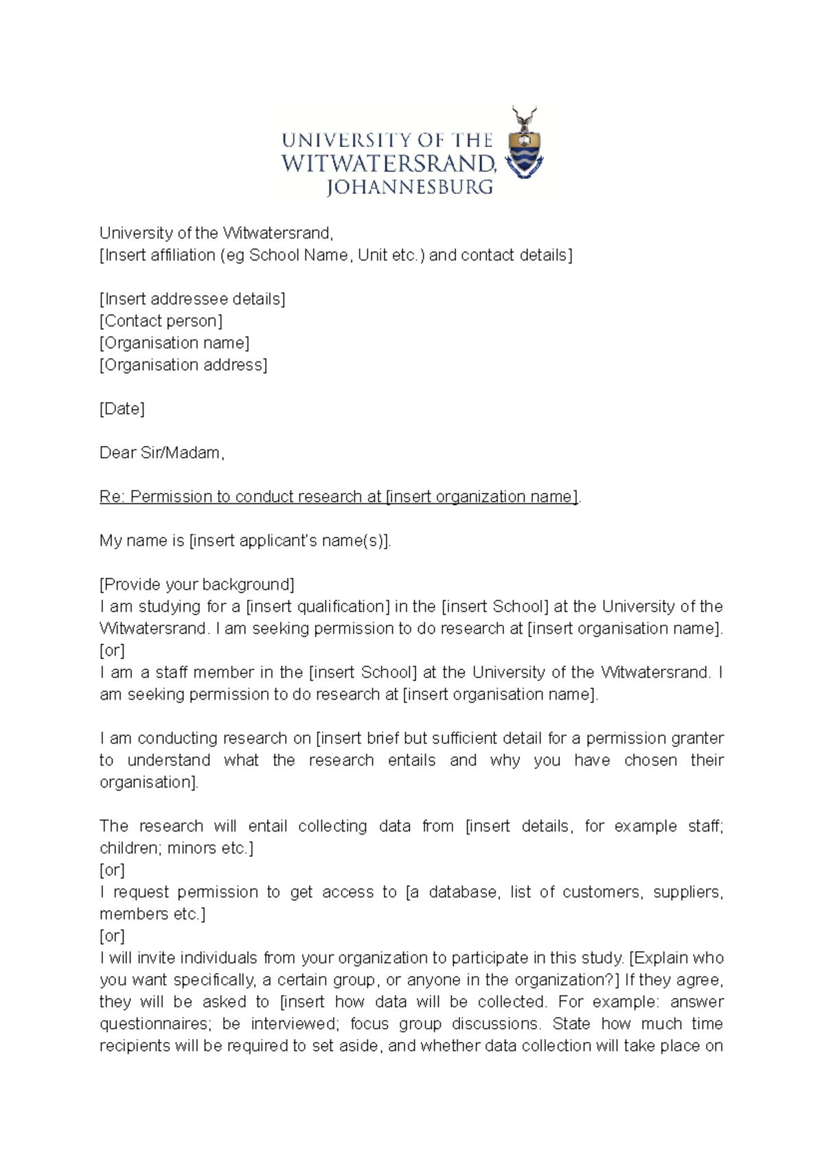 Example of a Letter requesting Permission - revised Nov 22 - University ...