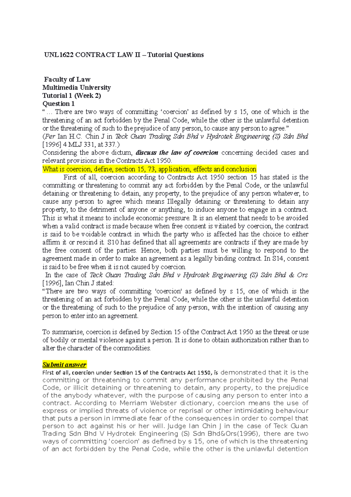 Tuto 1 Week 2 - Tuto - UNL1622 CONTRACT LAW II – Tutorial Questions Faculty of Law Multimedia ...