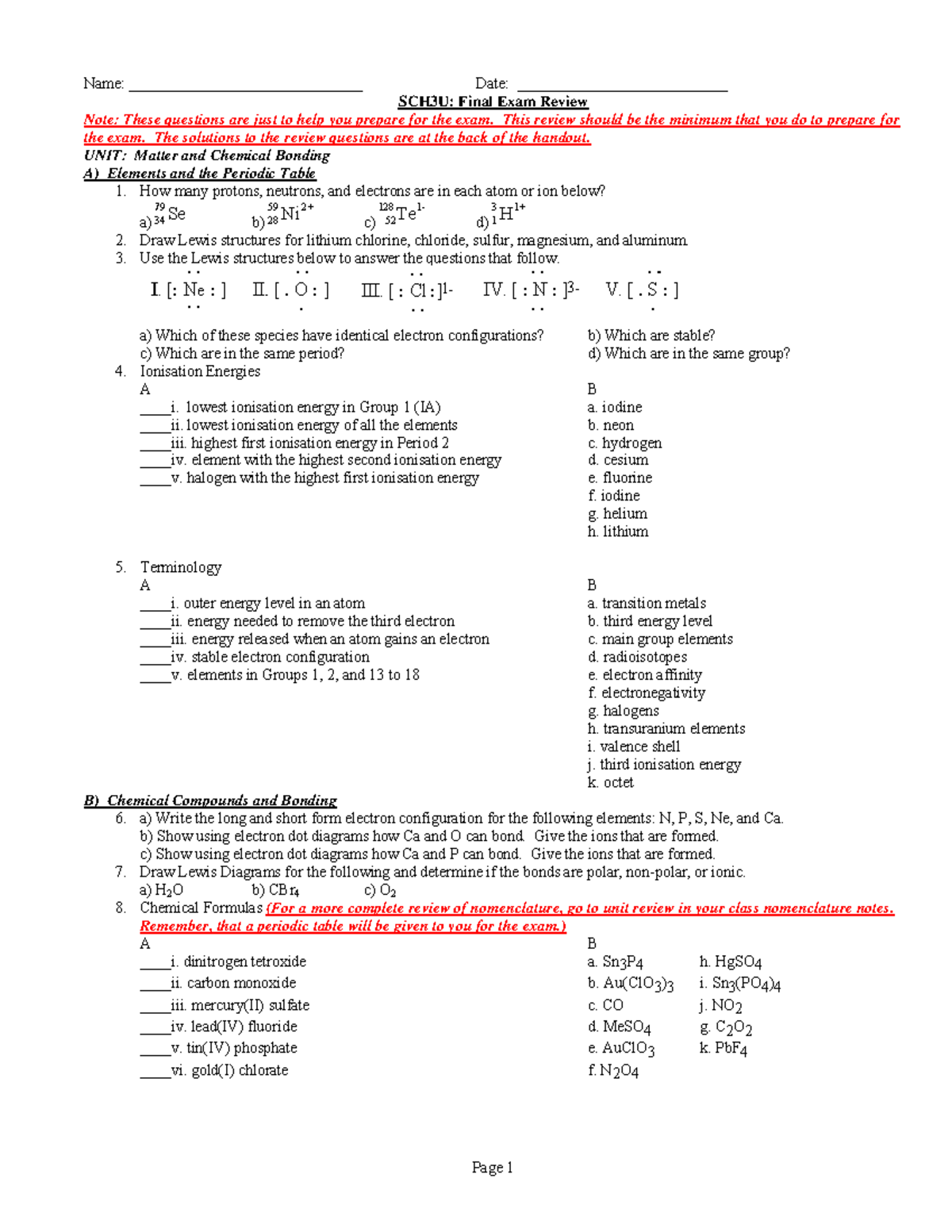 Sch3u exam review - Name: ______________________________ Date