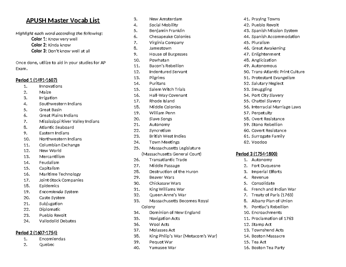 Apush master vocab list updated 5 - APUSH Master Vocab List Highlight ...