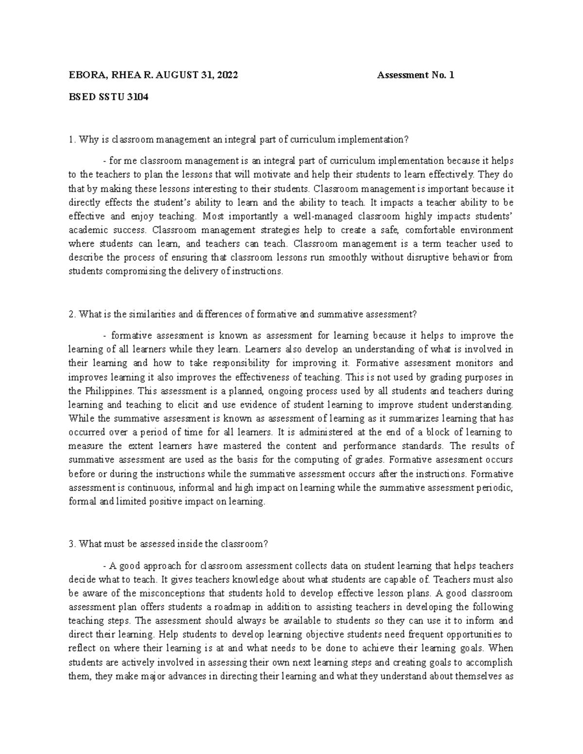 Ebora - research - EBORA, RHEA R. AUGUST 31, 2022 Assessment No. 1 BSED ...