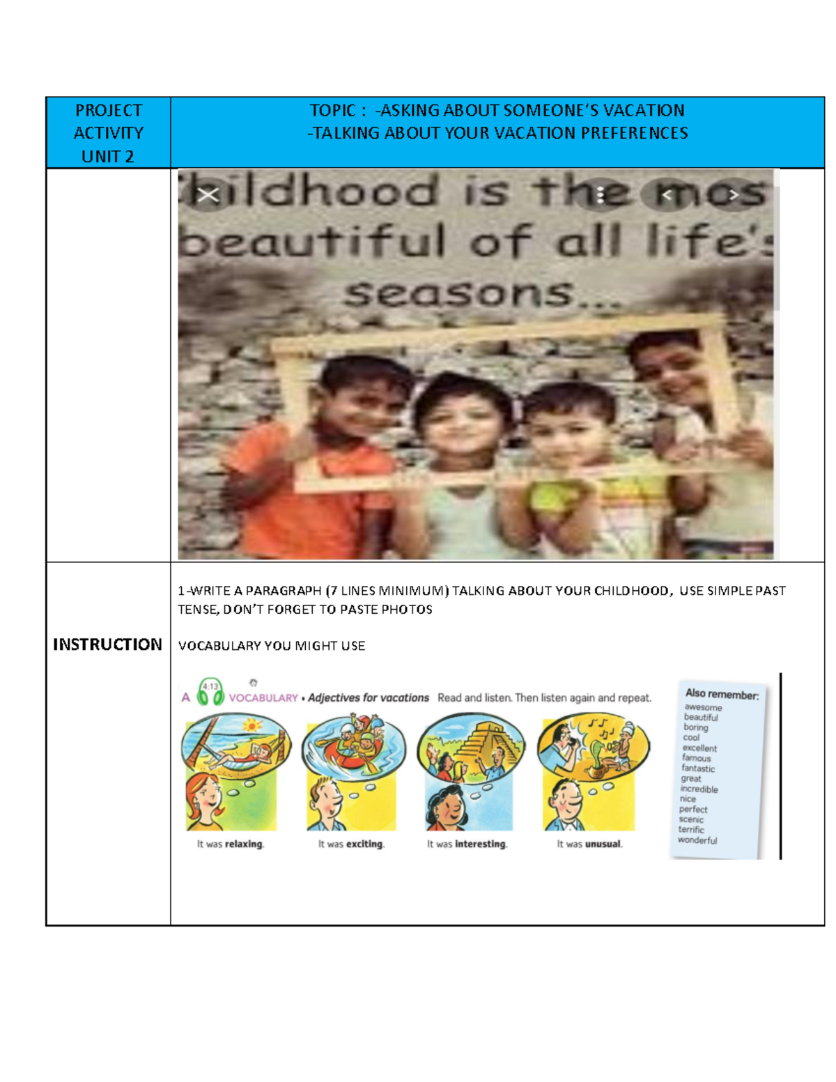 PCA - Virtual - English 2 Project Activity - UNIT 2 - ingles - PROJECT ...
