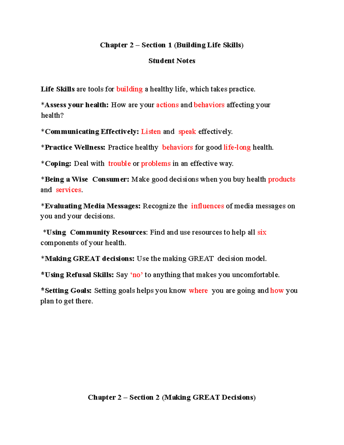 Chapter 2 Student Notes - Chapter 2 – Section 1 (Building Life Skills ...