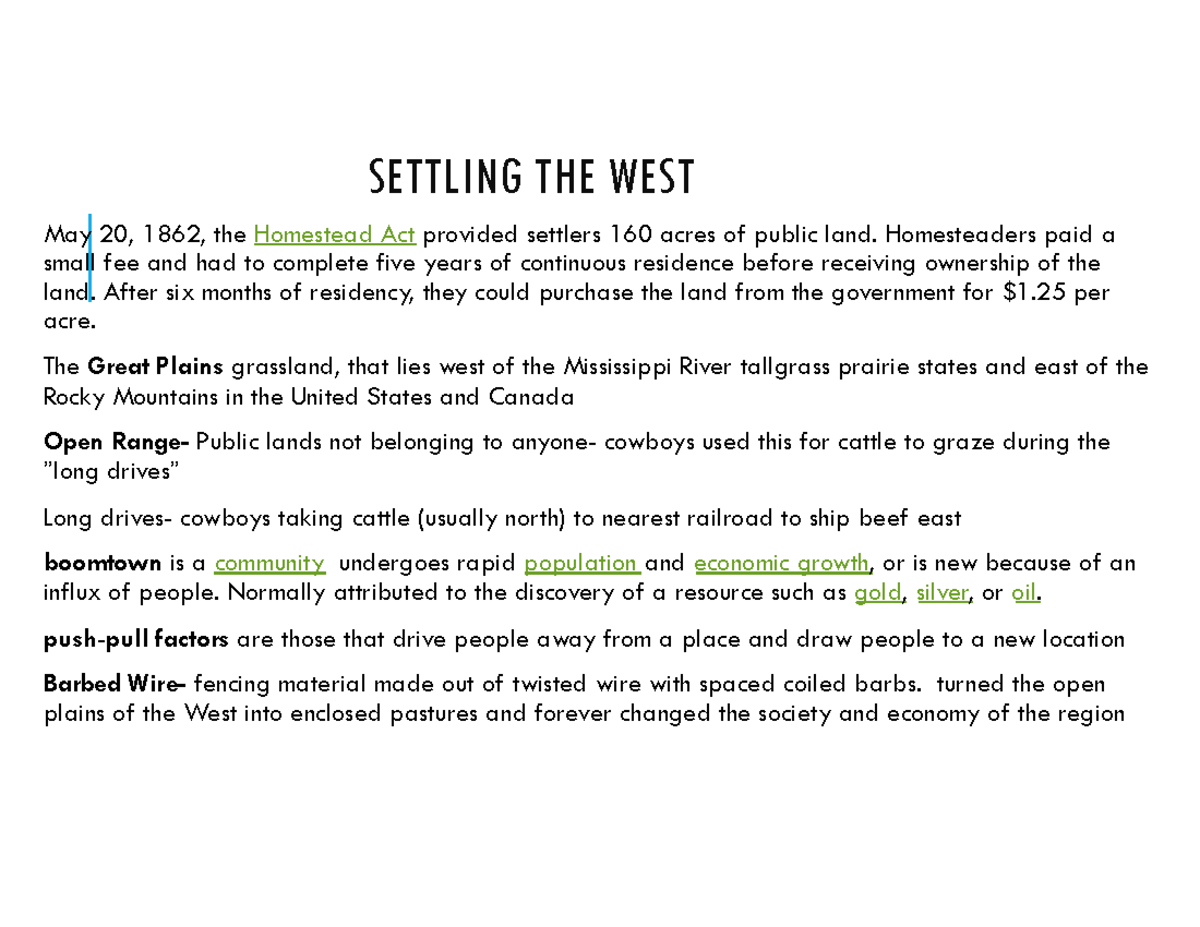 Full+Year+Review+for+EOC1 - SETTLING THE WEST May 20, 1862, the ...