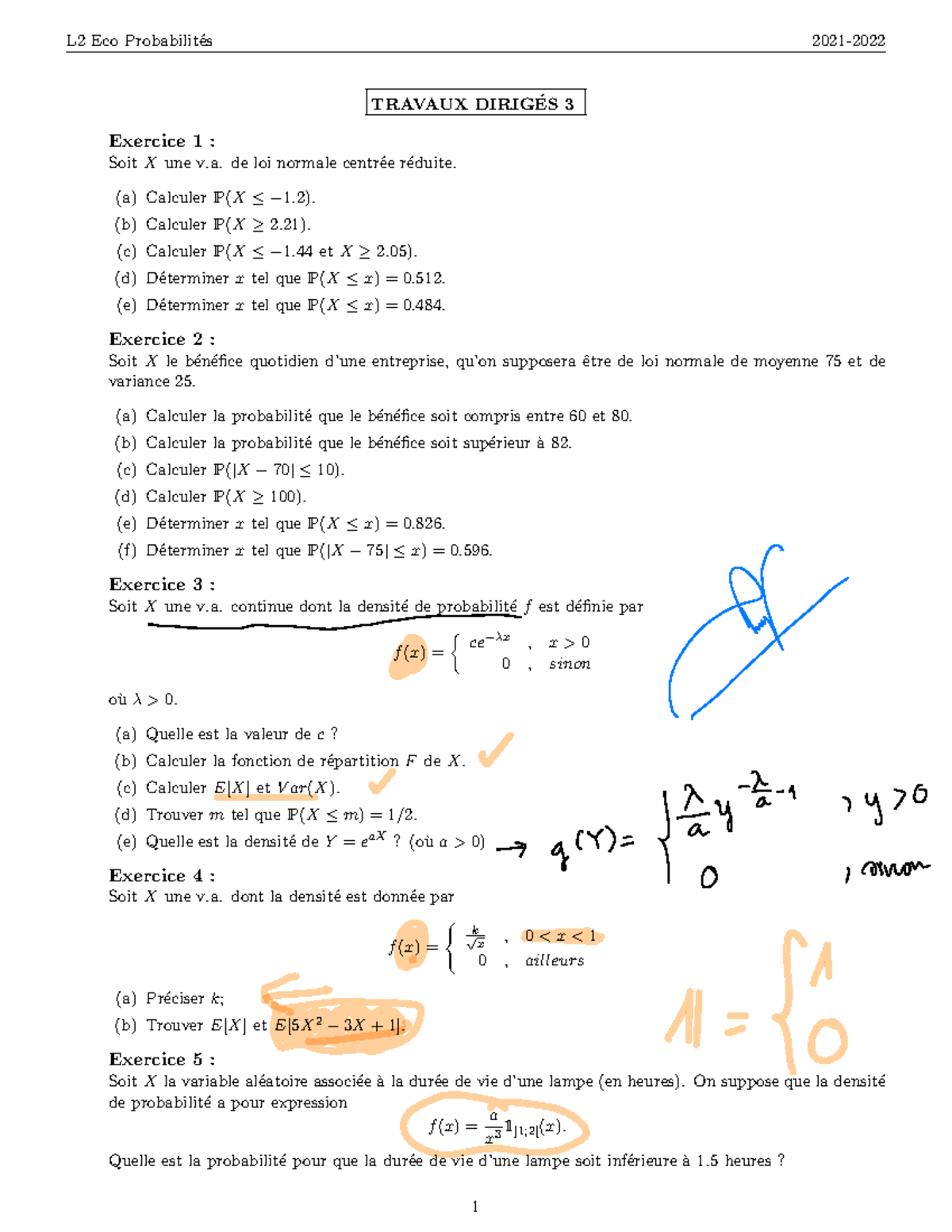 TD3 Proba L2 UBordeaux - L2 Eco Probabilit ́es 2021- TRAVAUX DIRIGES 3 ́ Exercice 1 : SoitXune v ...