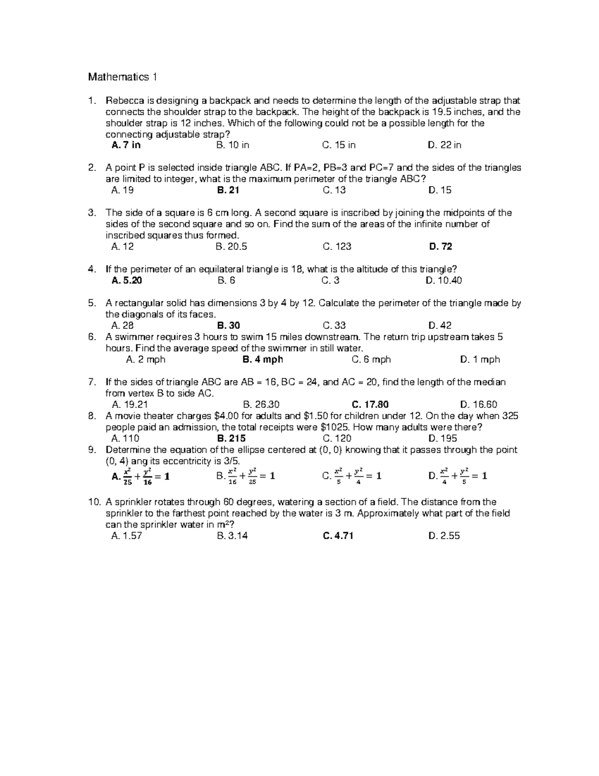 Mathematics Problem Set - Mathematics 1 Rebecca is designing a backpack ...