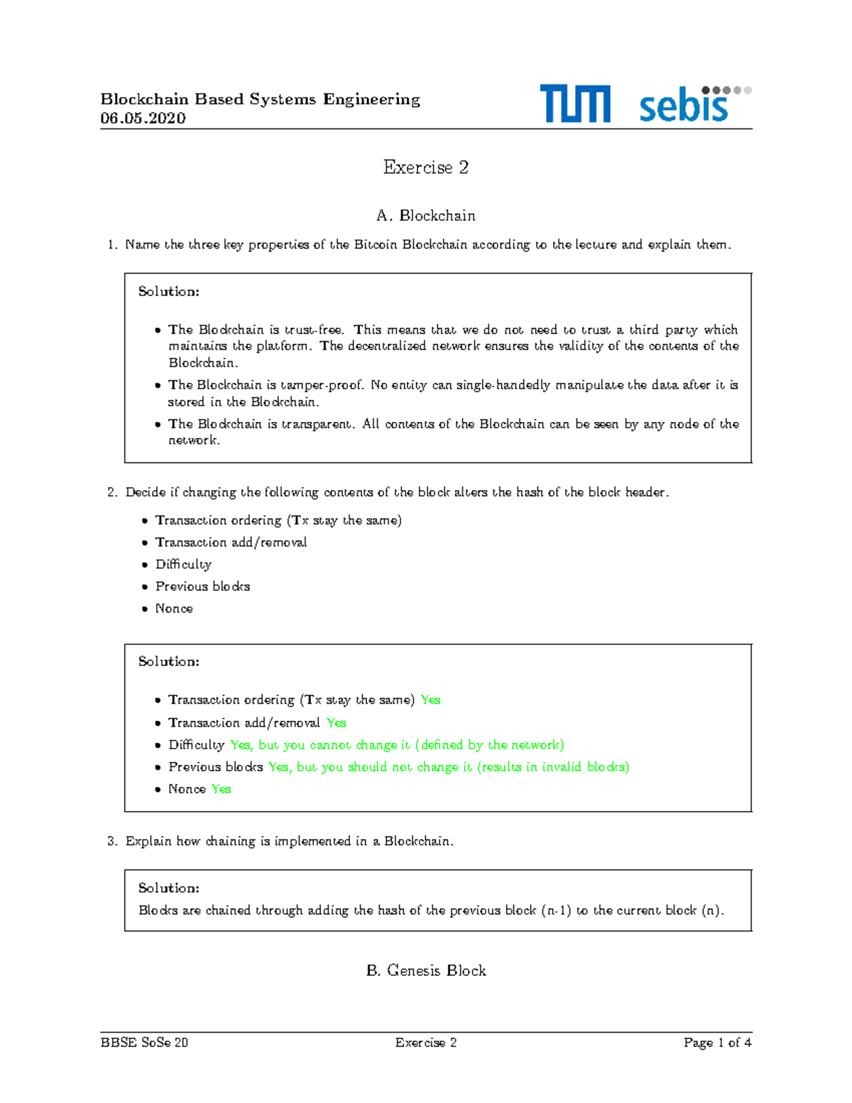 IN2359 Blockchain Based Systems Engineering Exercise 2 with Solution (2020) - Blockchain Based ...