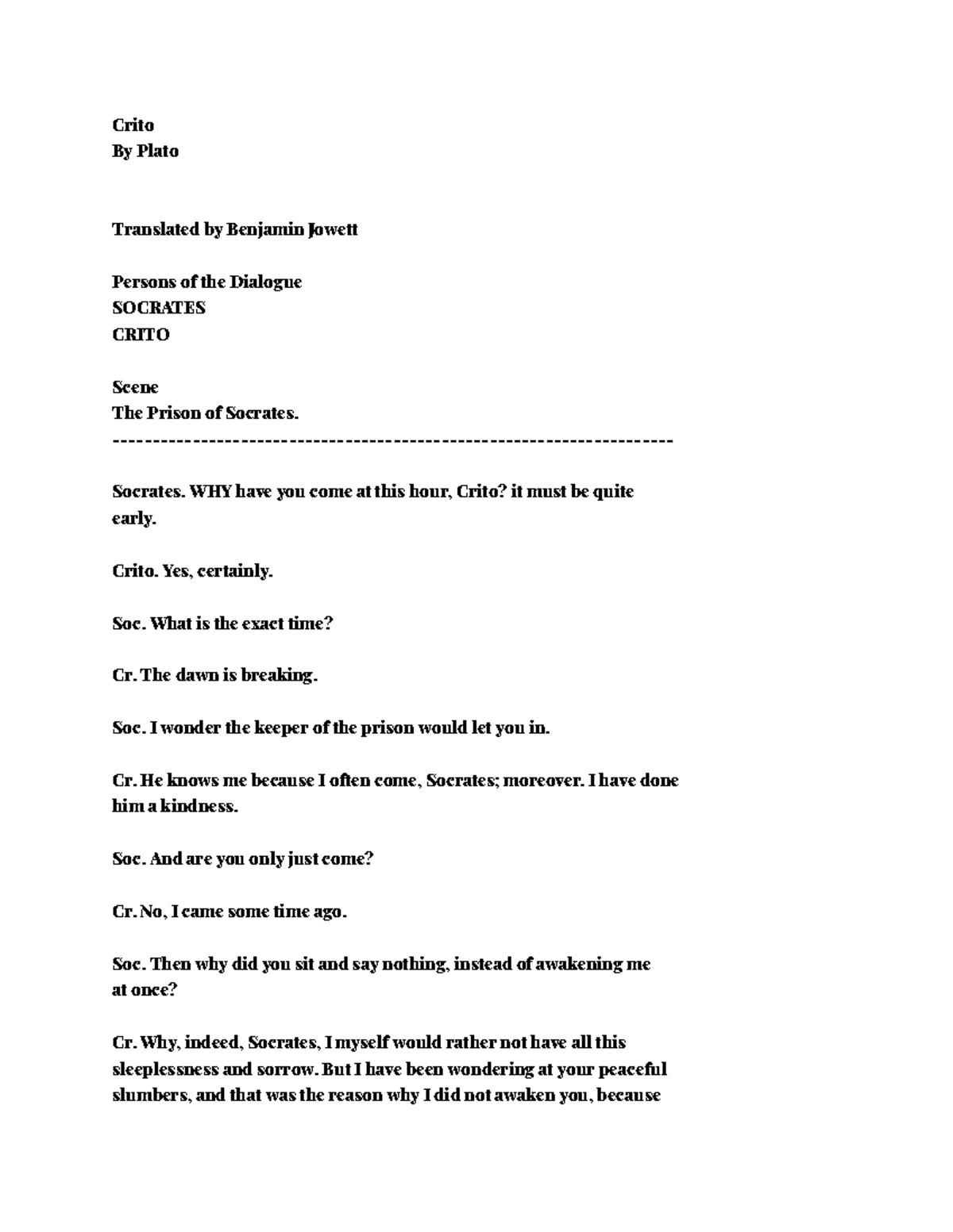 Crito Socratic Dialouge - Crito By Plato Translated by Benjamin Jowett ...