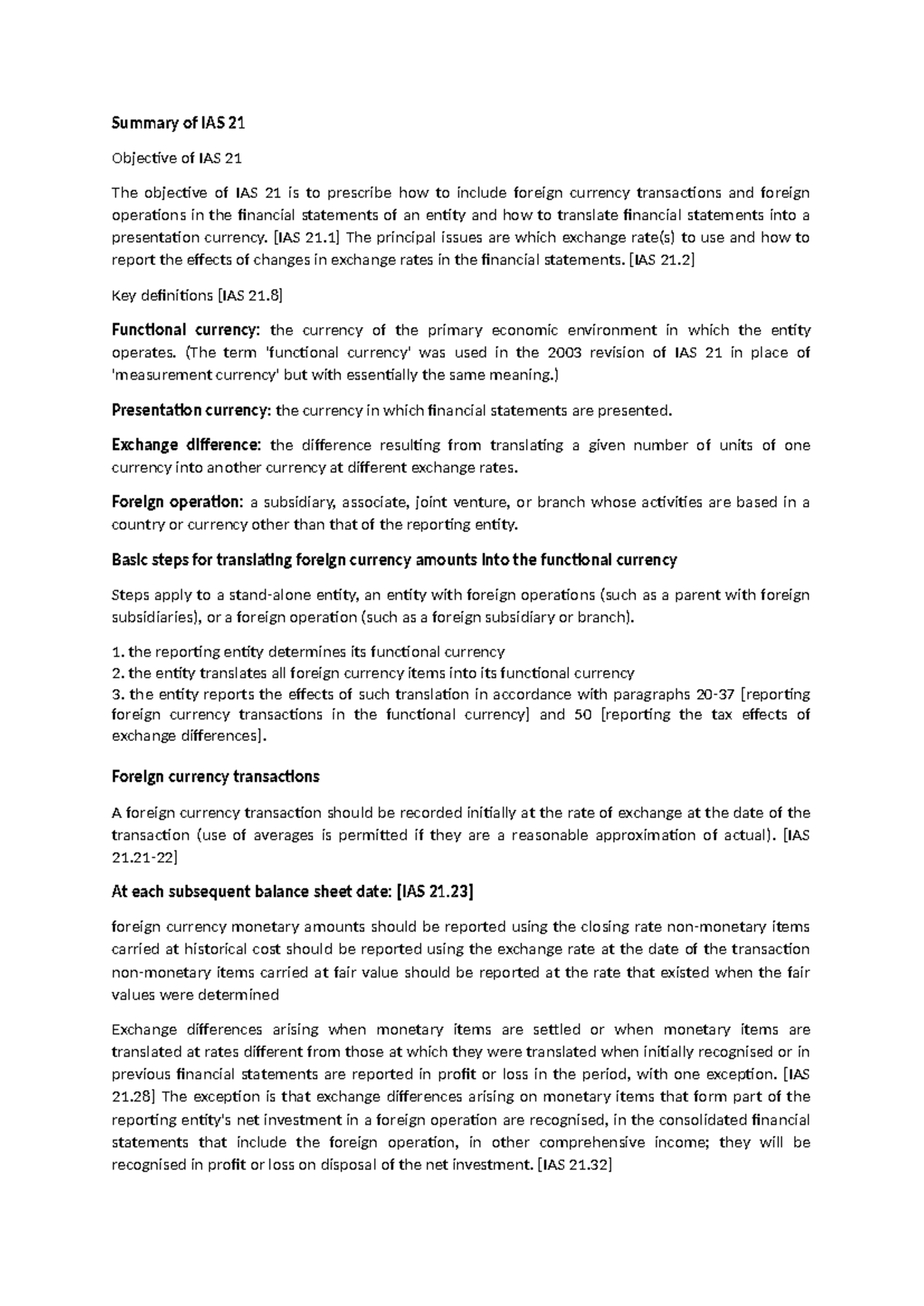 Note 1 Summary of IAS 21 Foreign Currency - Summary of IAS 21 Objective ...