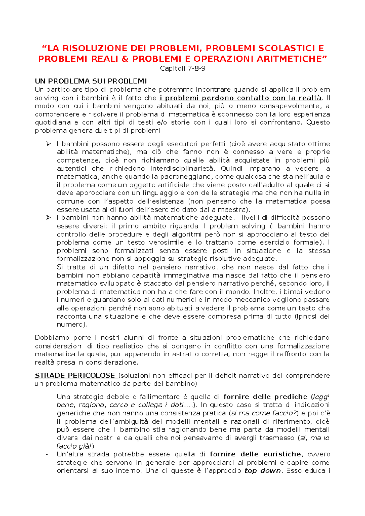 Capitoli 7-8-9 i problemi - “LA RISOLUZIONE DEI PROBLEMI, PROBLEMI ...